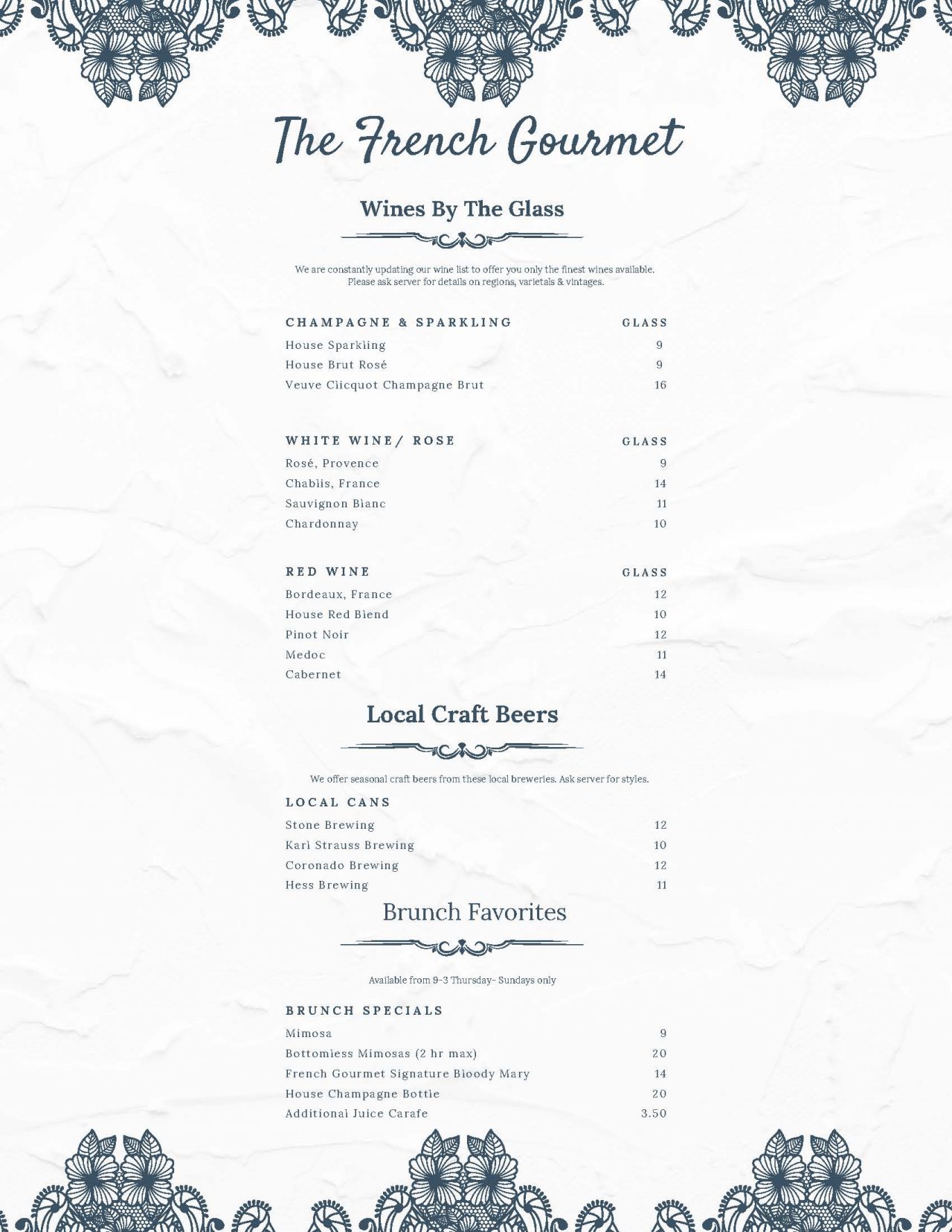 Wine Menu - The French Gourmet - Pacific Beach, San Diego, CA